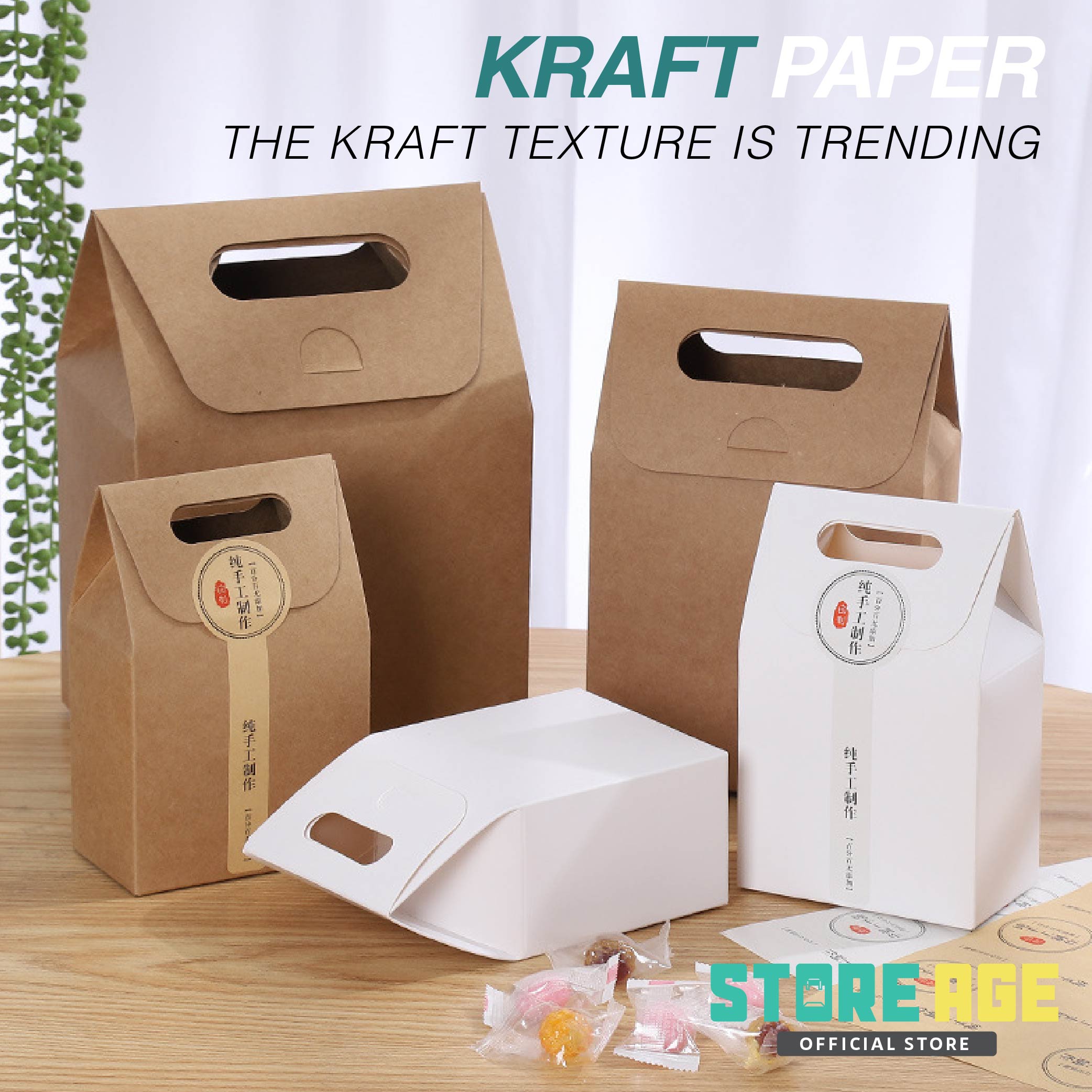 Store Age (50pcs) Kraft Gift Box with Handle, Souvenir Candy Box, Kotak ...